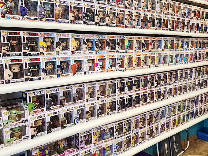 Wall-to-wall Funko Pop! figures create a colorful shrine to pop culture obsessions. Resistance is futile for collectors.
