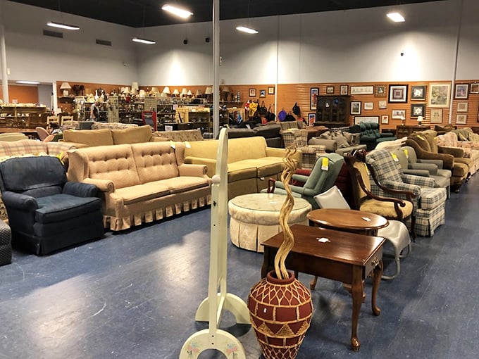 A furniture showroom where yesterday's living rooms await tomorrow's new homes at yesterday's prices.