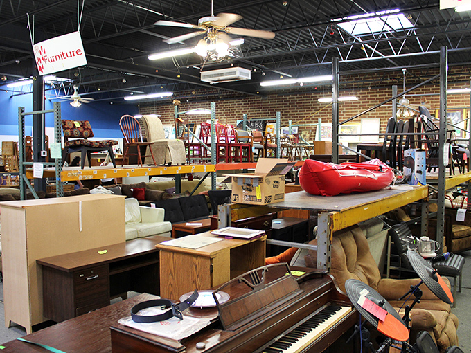 A furniture treasure trove where pianos meet recliners! This organized chaos of household gems is every bargain hunter's dream come true.