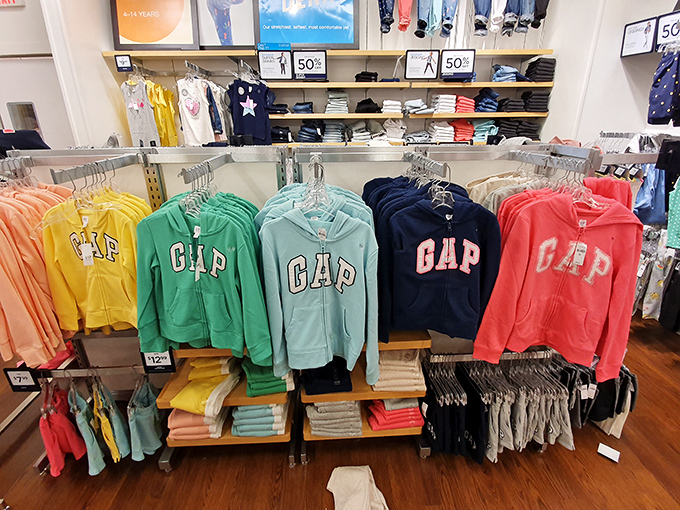 A rainbow of Gap hoodies awaits, promising the comfort of familiarity. The retail equivalent of mac and cheese &ndash; reliable, comforting, and always in style.