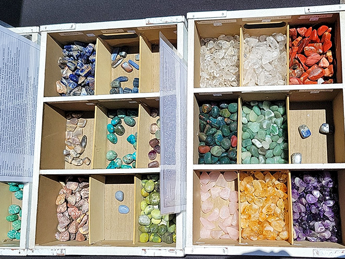 Treasure hunters rejoice! These colorful gemstones and crystals are like nature's candy store, each compartment promising a different flavor of geological wonder.