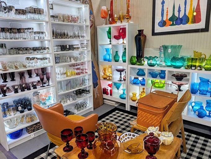 Colorful vintage glassware creates a kaleidoscope effect that would make your dinner guests wonder if they've stepped into a mid-century design magazine.