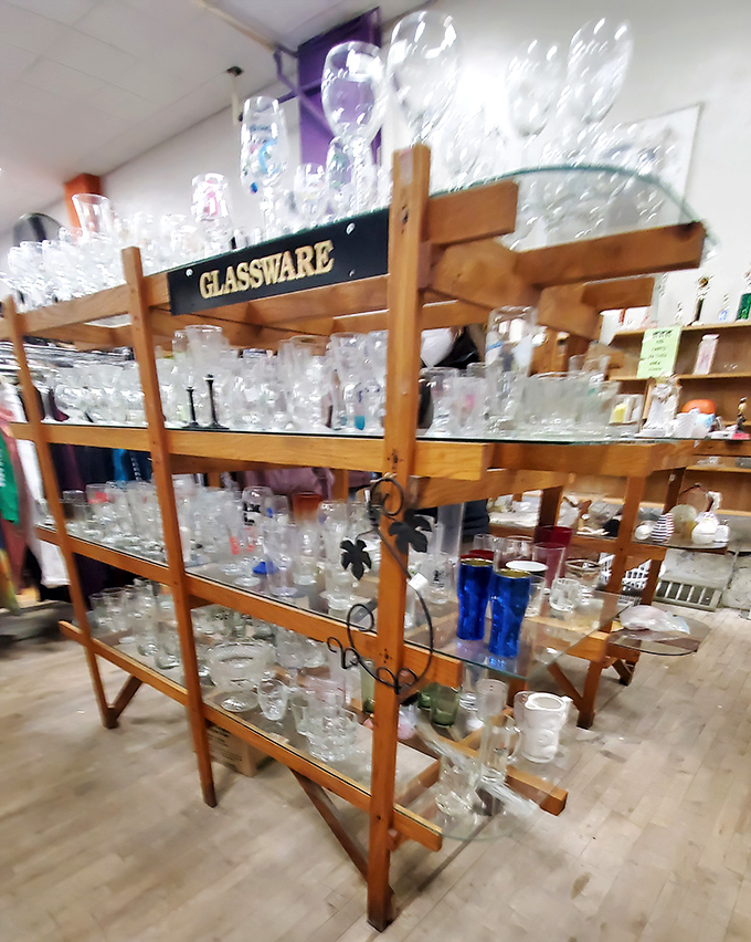 Glassware galore awaits on these wooden shelves, from everyday tumblers to fancy pieces that'll class up any dinner party.