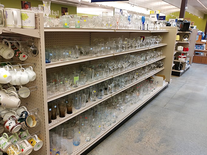 Glassware heaven! From mid-century modern tumblers to quirky souvenir mugs, each shelf holds potential vessels for your next cocktail innovation or morning coffee ritual.