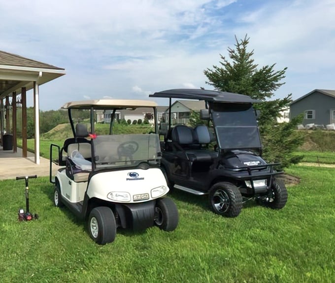 Transportation, retirement style! These golf carts aren't just for the links&mdash;they're the community chariots for everything from mailbox runs to neighbor visits.