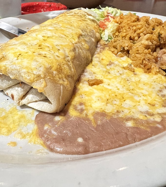 Behold the star attraction: a green chili burrito that doesn't need Instagram filters to stop traffic. Pure, unadulterated flavor.