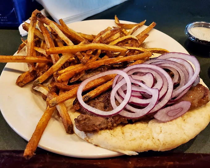 This isn't just a sandwich, it's a revelation. Perfectly seasoned gyro meat with red onions on pillowy flatbread, accompanied by golden fries.