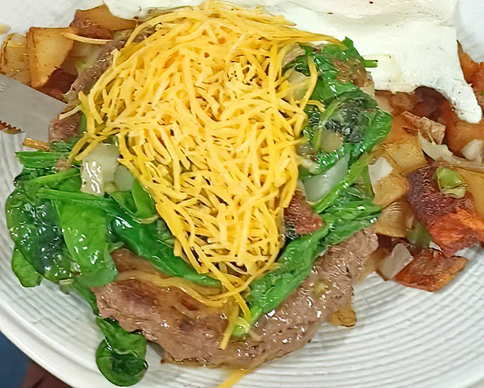 Behold the star of the show: hamburger steak swimming in gravy that defies all diet logic.