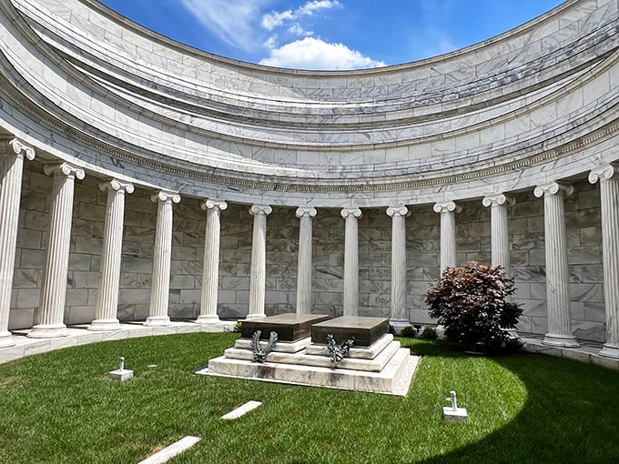 The Harding Memorial stands as an elegant marble tribute, its classical columns creating a solemn sanctuary that whispers of presidential history.