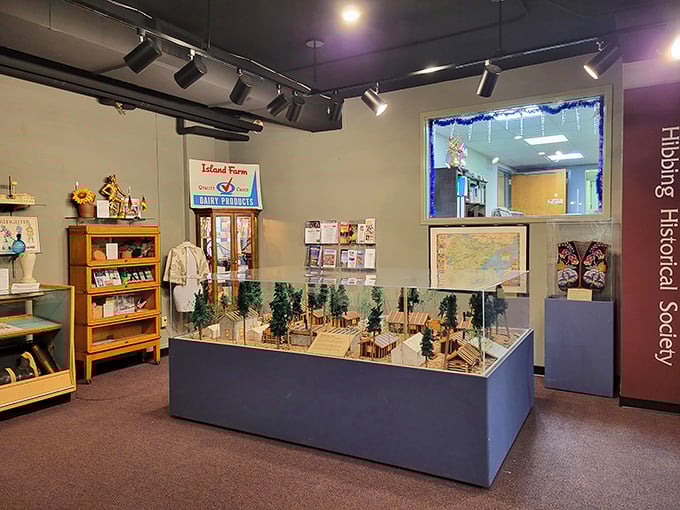 The Hibbing Historical Society's miniature logging camp display captures the region's timber heritage, a three-dimensional time capsule of Iron Range industry.