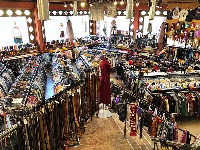 From this vantage point, you can almost hear the whispers of vintage fabrics calling your name. "Try me on," says the 1960s cocktail dress.