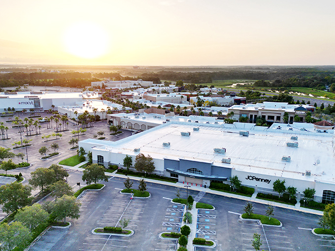 From this bird's-eye view, the mall reveals its true form: a meticulously planned retail ecosystem where parking spots are the only endangered species.