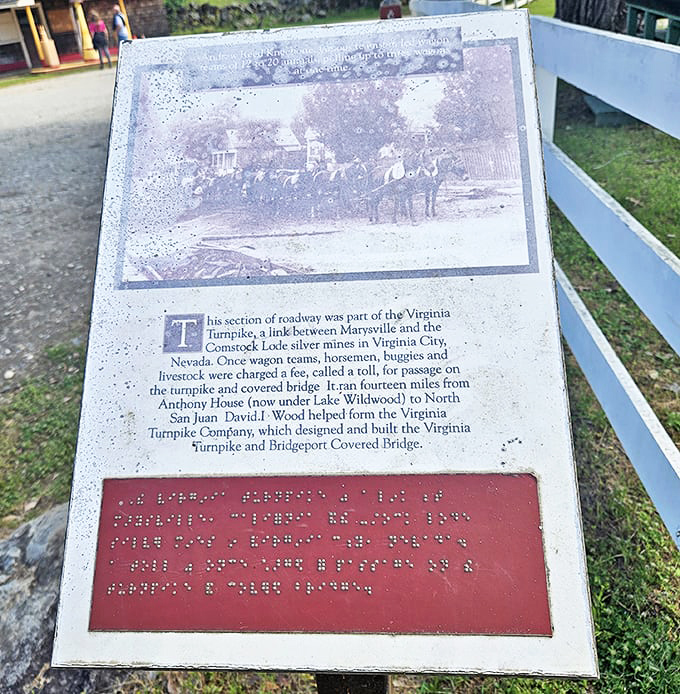 A glimpse into the past - this weathered plaque details how the Virginia Turnpike once connected gold miners to their dreams, with tolls collected for passage.