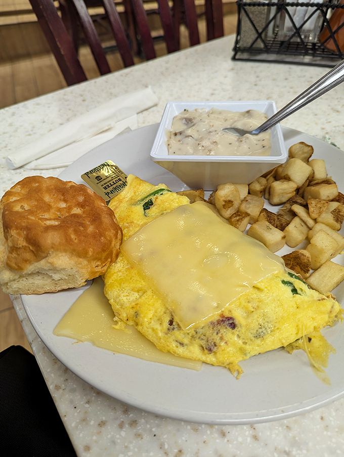 Behold the breakfast of champions! That omelet isn't just cheese-covered, it's cheese-blessed, with a biscuit that could make a Southern grandma weep with joy.