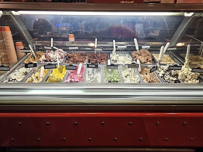 A gelato case that would make any sweet tooth contemplate moving to Lancaster permanently. Decision paralysis has never been so delicious.