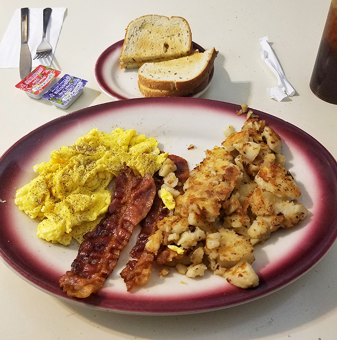 Breakfast perfection doesn't need filters&mdash;just eggs scrambled to fluffy heights, bacon with the ideal crisp-to-chew ratio, and hash browns worth fighting over.