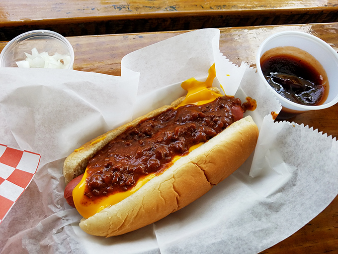 The chili cheese dog in its natural habitat&mdash;wrapped in paper, oozing with promise, and demanding a stack of napkins. Worth every messy bite.
