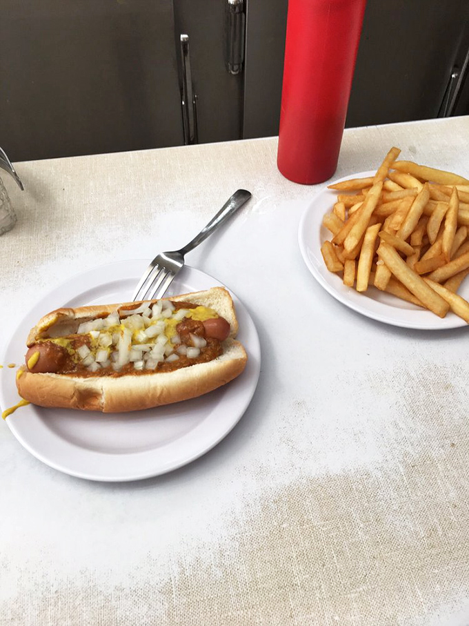 Behold the Lafayette coney in its natural habitat: swimming in chili, onions, and pure Michigan magic.