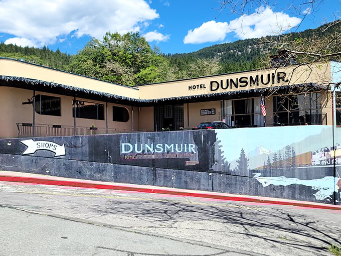The Hotel Dunsmuir stands as a testament to simpler times, complete with a mural celebrating the town's natural splendor and railroad heritage.