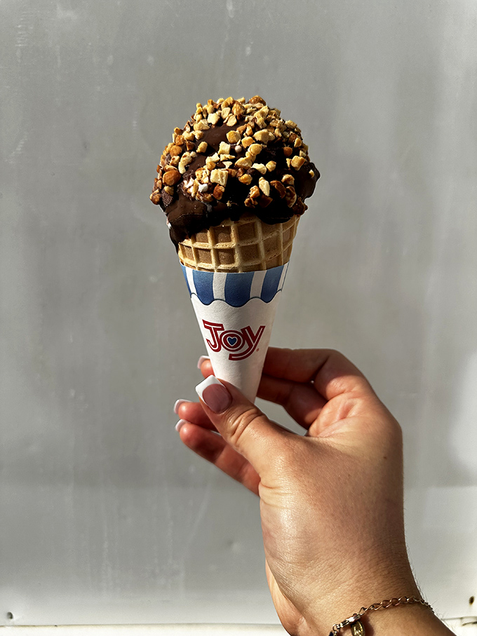 Not all heroes wear capes; some wear waffle cones. This chocolate masterpiece topped with toffee bits isn't just dessert&mdash;it's therapy in edible form.