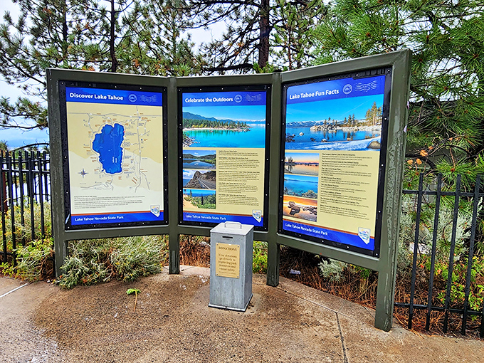 These informational panels offer fascinating lake facts, though they can't quite compete with the actual scenery behind them.
