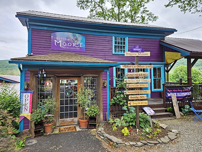 Inspire Moore isn't just clever wordplay—this technicolor winery brings Willy Wonka vibes to wine country with its purple facade and whimsical charm.