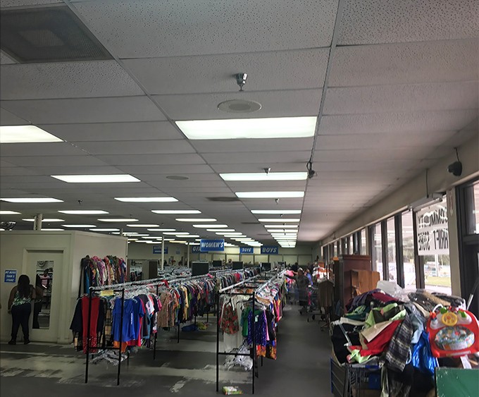 Racks upon racks of clothing create a textile landscape that would make Marie Kondo simultaneously thrilled and terrified.