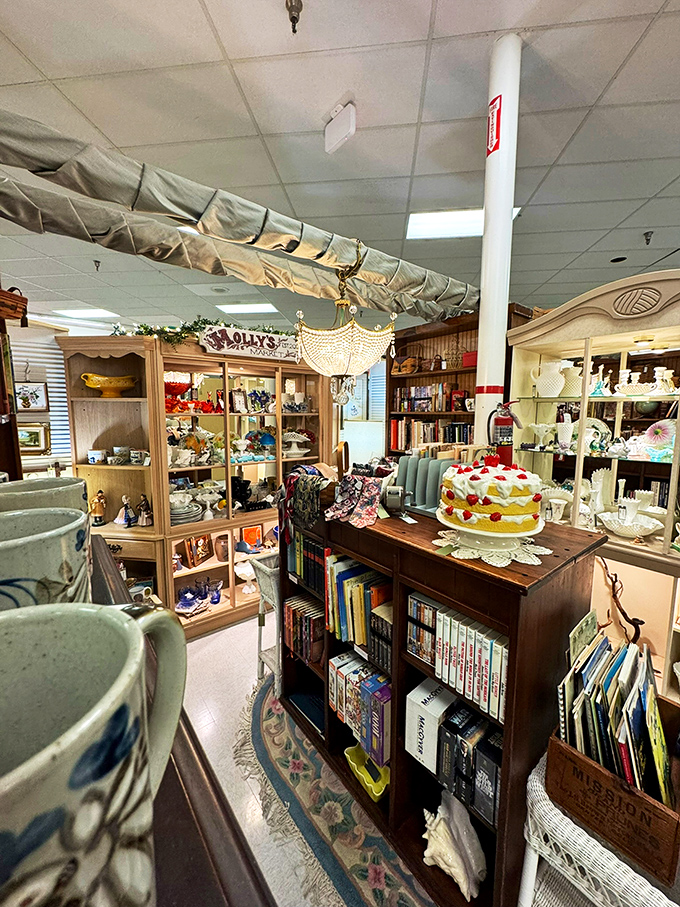 Booths within booths create a Russian nesting doll of nostalgia. That decorative cake on display isn't edible, but the memories it triggers certainly are sweet.