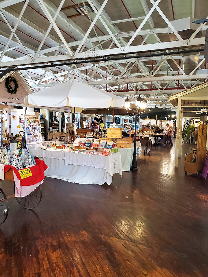 Exposed beams and polished wood floors create the perfect backdrop for treasure hunting under soaring industrial ceilings.