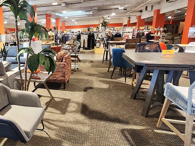 Inside, the spacious layout invites exploration with thoughtfully arranged furniture vignettes that whisper "take me home" to passing shoppers.