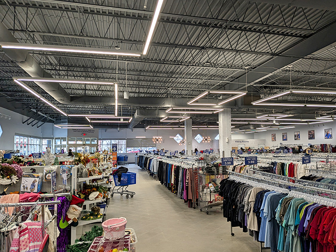 Inside awaits a meticulously organized wonderland of clothing racks, where yesterday's fashion finds new purpose and new admirers.