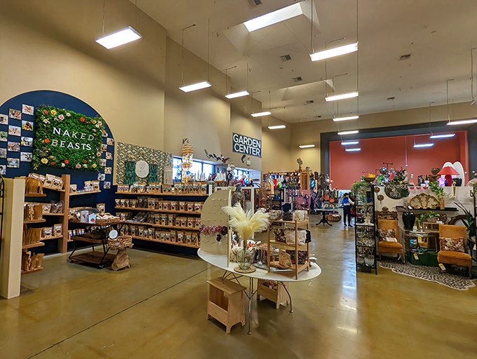 "Naked Beasts" and "Garden Center" signs guide you through departments that feel like carefully curated museum exhibits rather than retail spaces.