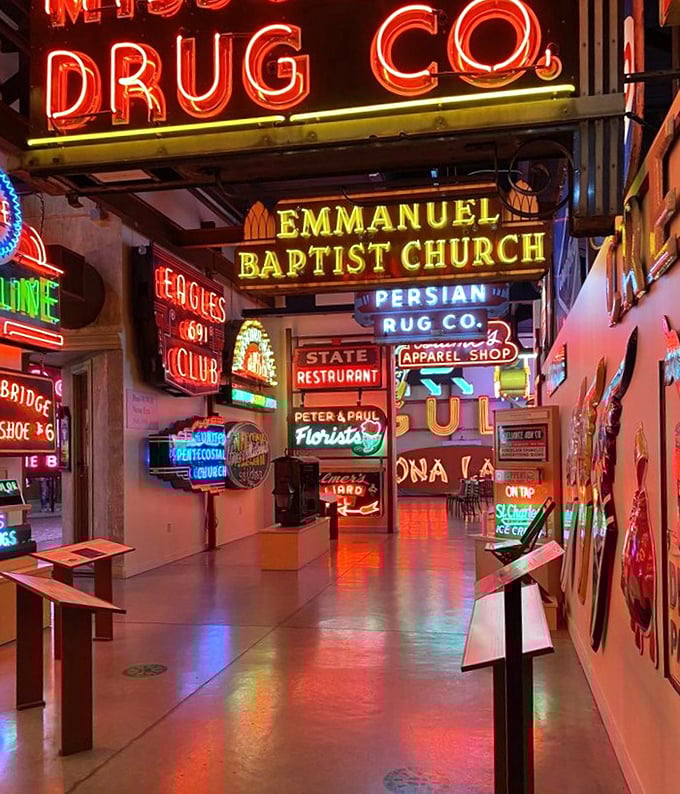 Neon heaven! This corridor glows with the ghosts of America's roadside past&mdash;from drug stores to churches to Persian rug dealers.