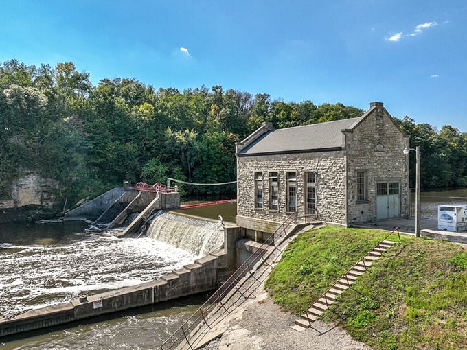 This stone powerhouse by the dam isn't just picturesque&mdash;it's Iowa's industrial heritage standing proud against time and current.