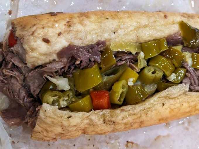 Behold the star of the show&mdash;thinly sliced beef, perfectly seasoned, with that hot giardiniera adding just enough kick to make your eyes water with joy.