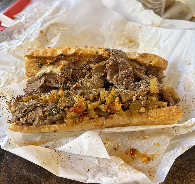 The holy grail itself: thinly sliced beef, perfectly seasoned, topped with giardiniera, and nestled in a roll that's surrendered to the jus.