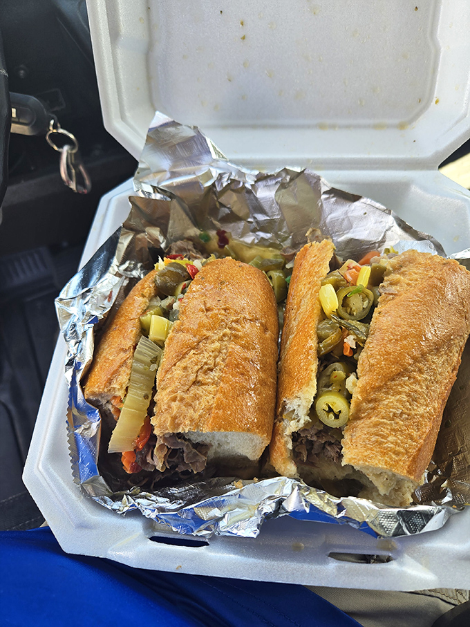 The Italian beef in all its glory&mdash;thinly sliced, perfectly seasoned, and nestled in that sturdy roll with giardiniera. This sandwich doesn't just speak to you; it sings.