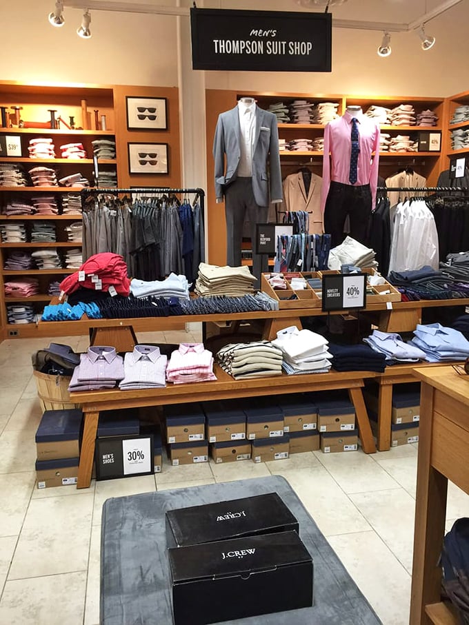 The Thompson Suit Shop display makes even reluctant shoppers consider upgrading their wardrobe. Nothing says "adulting success" quite like finding a designer suit at outlet prices.