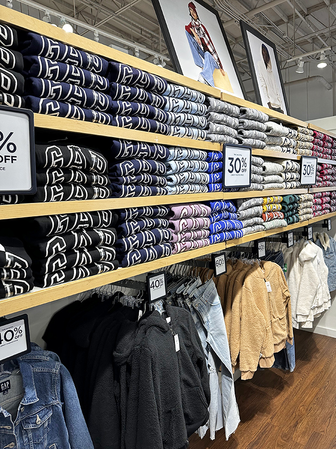 The Gap's wall of perfectly folded logo sweatshirts isn't just retail display &ndash; it's a textile color spectrum that makes Marie Kondo somewhere weep with organizational joy.