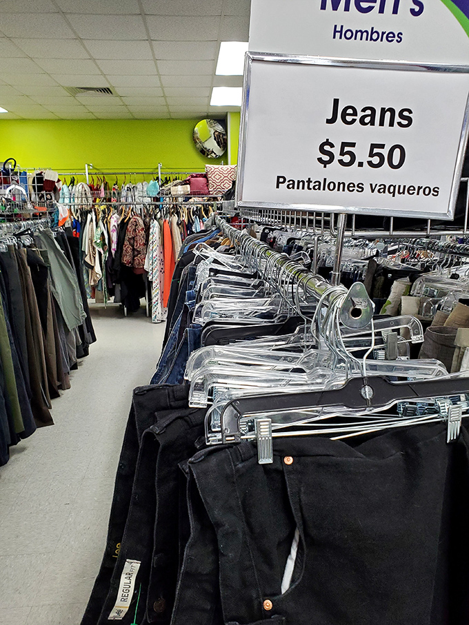 Denim dreams come true at $5.50 a pop. These racks hold more fashion potential than a Project Runway unconventional materials challenge.