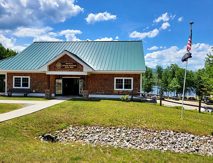 Jericho Mountain State Park's visitor center welcomes outdoor enthusiasts with rustic charm and the promise of wilderness adventures.
