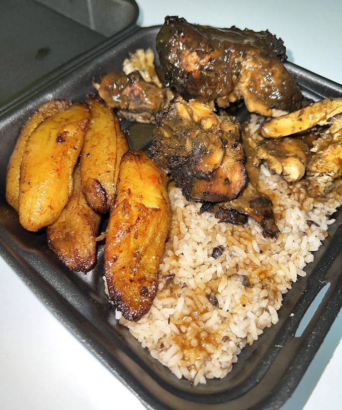 Jerk chicken with plantains and rice and peas&mdash;a holy trinity of Jamaican cuisine that might just make you speak with an accent for the rest of the day.