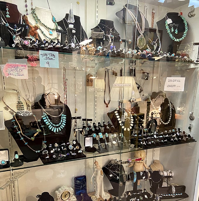 Turquoise dreams and silver gleams! The jewelry cases offer everything from statement necklaces to delicate treasures that whisper stories of bygone elegance.