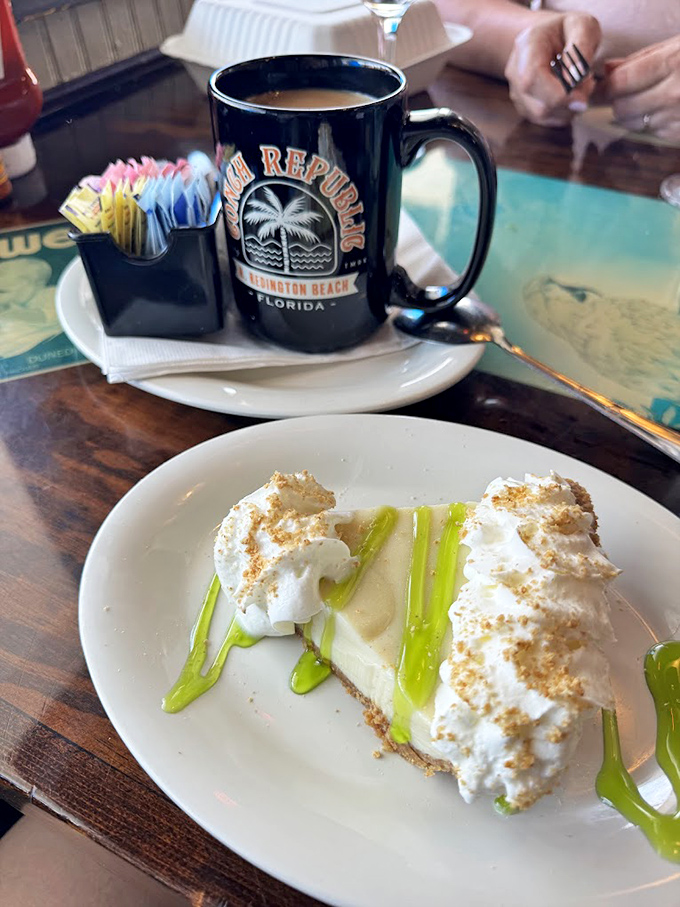 The star attraction: key lime pie with a perfect balance of tart and sweet, topped with whipped cream and a drizzle that says "vacation calories don't count."