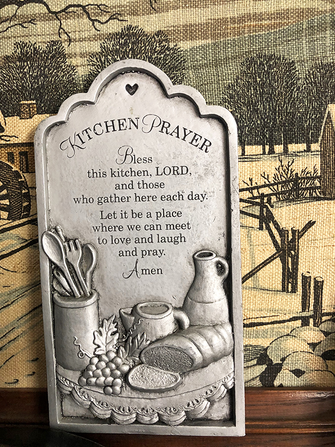 Hidden gems like this Kitchen Prayer plaque are the reason thrifters keep coming back. One person's decluttered shelf item becomes another's perfect farmhouse decor.