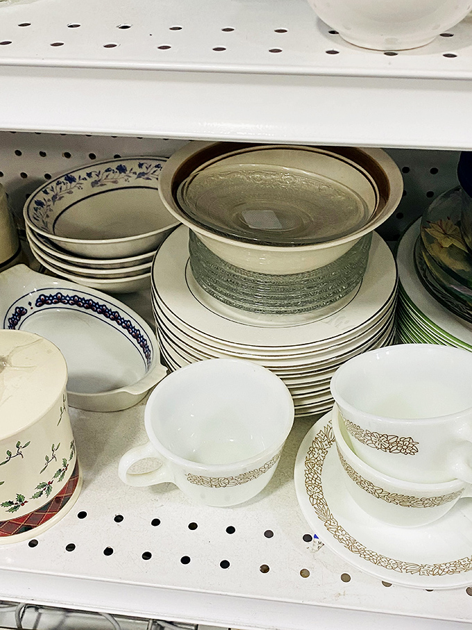 Mismatched dishes tell stories of dinner parties past, ready to create new memories on your table for pennies.
