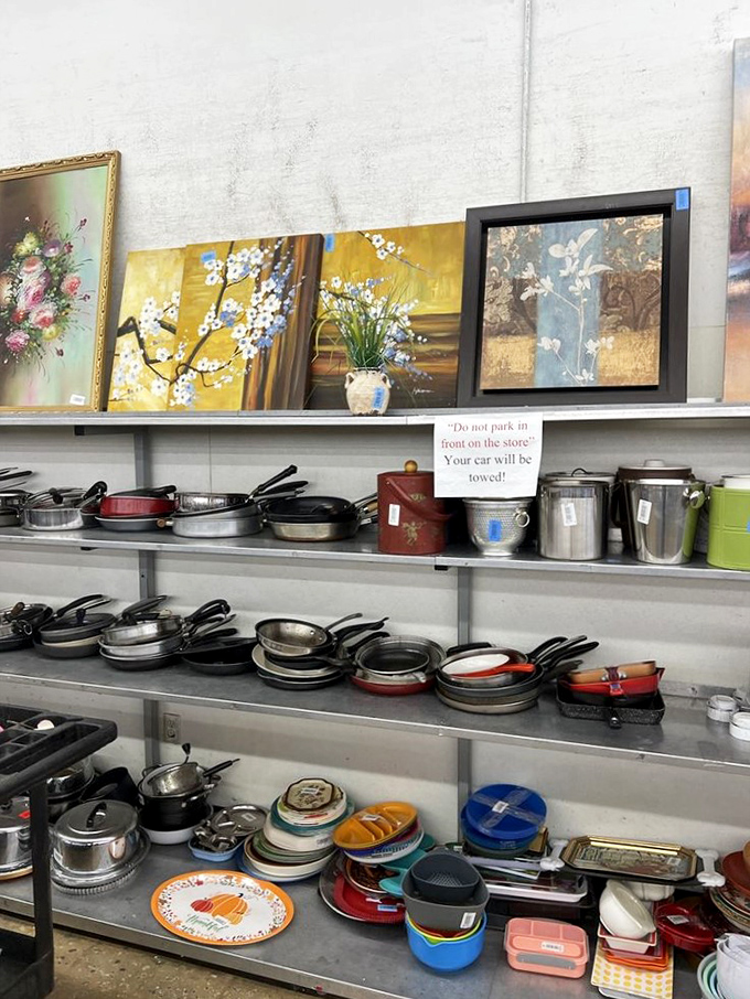 Pots and pans galore! One shopper's decluttered kitchen becomes another's fully-equipped culinary laboratory at bargain basement prices.