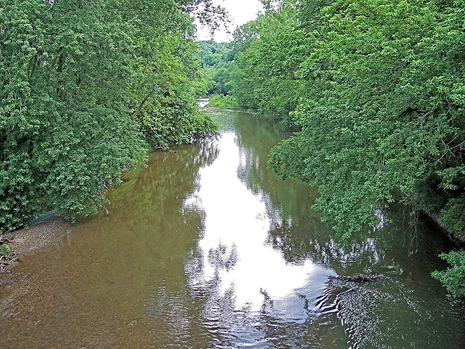 The Kokosing River winds through lush greenery like nature's own lazy river ride. No admission fee required for this peaceful attraction.
