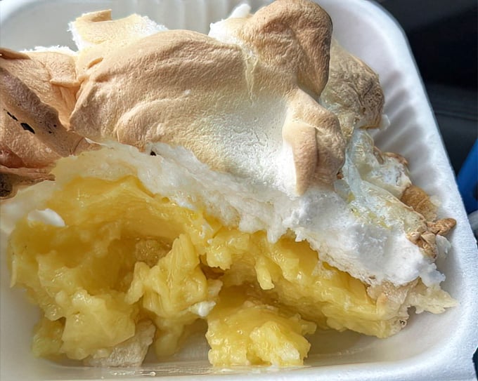 Behold the star attraction in all its glory! The lemon meringue filling glows like sunshine while that cloud of meringue defies both gravity and restraint.