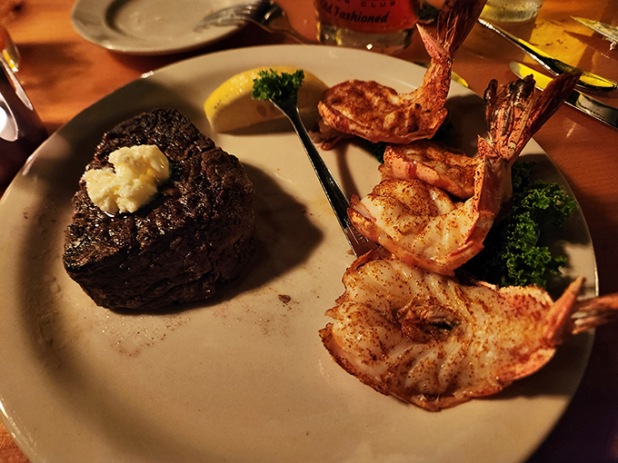 Surf and turf perfection: a filet that could make a vegetarian question their life choices alongside shrimp so plump they deserve their own zip code.